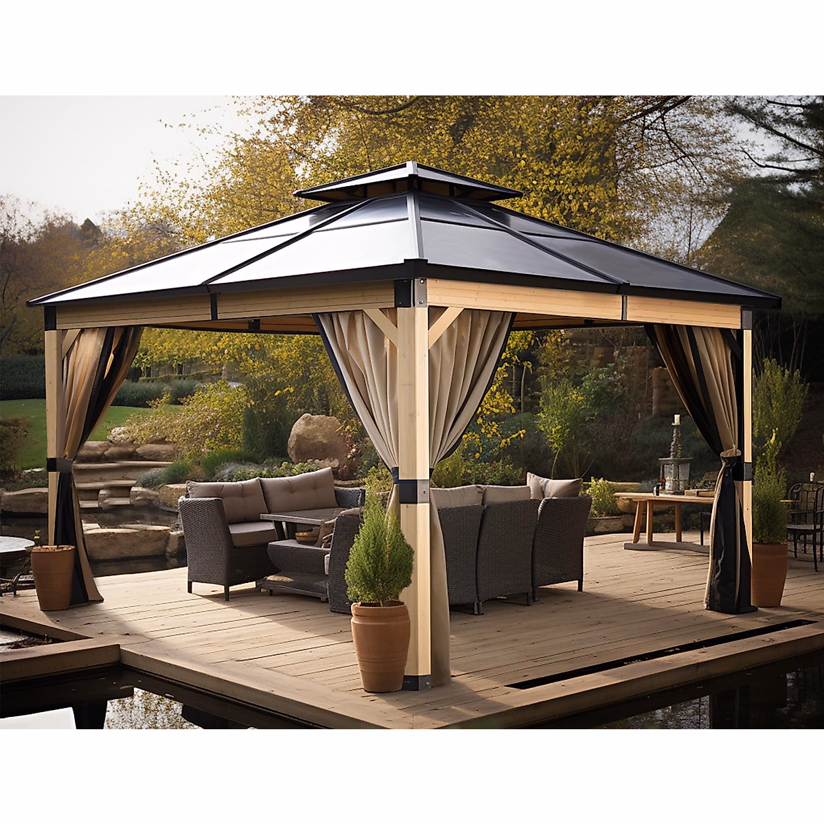 Hofzelt 10' x 12' Hardtop Gazebo, Heavy-Duty Aluminum Frame with Iron Roof, Featuring White Wood Grain Heat Transfer Pillars, Inclusive of Mosquito Netting and Privacy Sidewalls