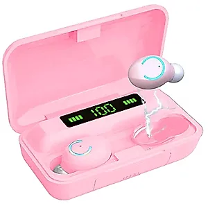eDealz Bluetooth Wireless 5.0 IPX7 Waterproof Earbud Headphones with Microphone, Rechargeable Smart Charging Case Powerful Surround Stereo Bass and Passive Noise Cancelling (Pink)