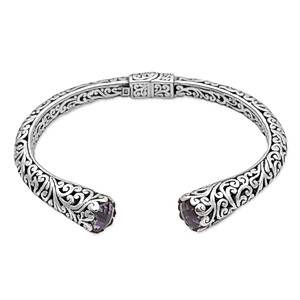 NOVICA Artisan Amethyst Cuff Bracelet and 925 Sterling Silver Spiral Motif Purple Indonesia Birthstone [6.25 in L (end to End) x 0.3 in W] ' Spiral Engagement'