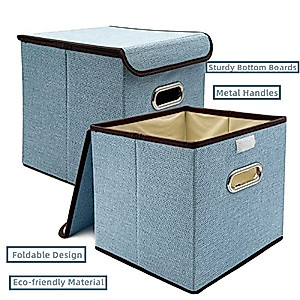 Foldable Cube Storage Bin with Lid, Set of 2, Collapsible Storage Basket with Lid ,25 CM x 25 CM, Boho Basket , Nursery Storage Bin, Cube Storage Baskets for Living Room Home Bedroom Closet Office Blue