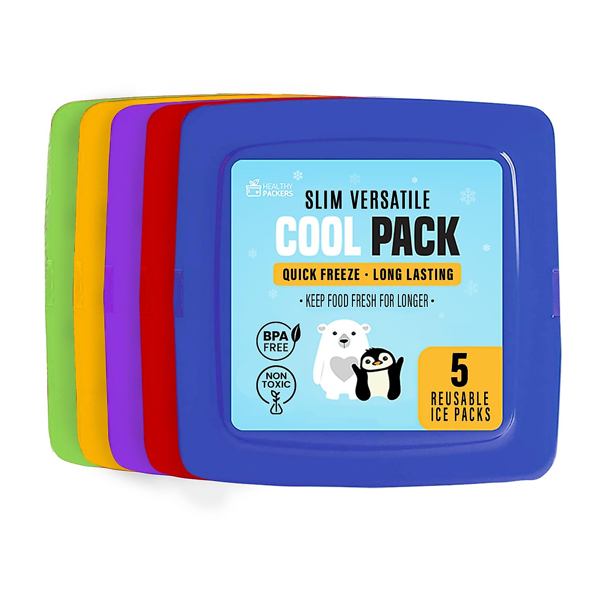 Healthy Packers Ice Packs for Lunch Bags - Freezer Packs - Original Cool Pack | Slim & Long-Lasting Reusable Ice Pack for Lunch Box and Cooler Bag (Set of 5)