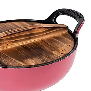 AILIBOO 2 Quart Dutch Oven Pot Round Cast Iron Enamel Cookware with Wooden Lid Soup Pot Mini Soup Pots - Pink
