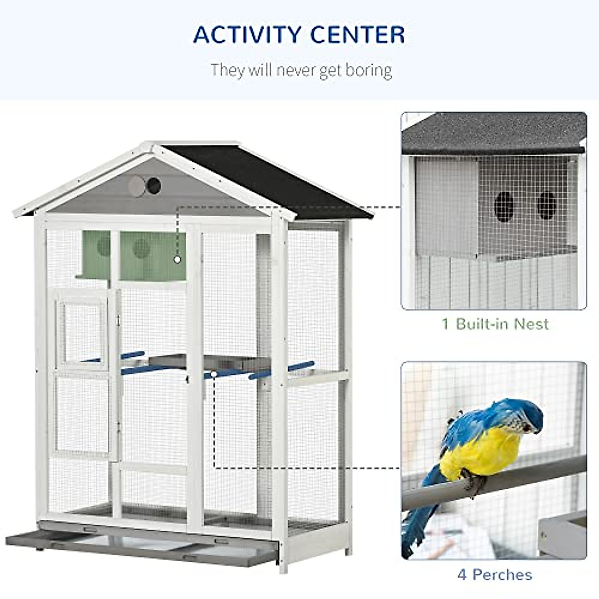 PawHut 64.5" Wooden Bird Cage Aviary, Flight Cage with 4 Perches, Nest and Slide-Out Tray for Indoor/Outdoor, Gray