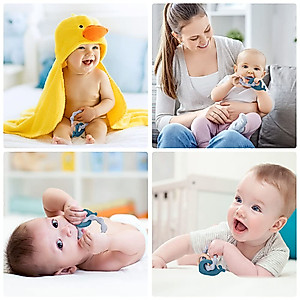 Vicloon Baby Teether Toys, Silicone & Natural Wood Teether Ring, Baby Teething Toys for Babies 3 Months+, Silicone Chewable Rings for Newborn Gift（Blue）