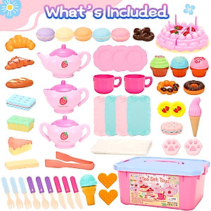 Tagitary Tea Party Set for Little Girls,Toys Tea Set Princess Pretend Play Toys,Including Dessert Cookies Teapot Cups Tablecloth and Carrying Case,Learning Toys Birthday Party Gift for Toddlers