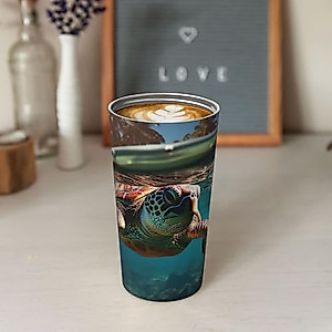 Reusable Coffee Mug with Lid and Handle, Palm Trees and Sea Turtles Diving Underwater Tumbler for Hot & Cold Drinks 16oz Stainless Steel Insulated Coffee Tumblers Double Wall Vacuum Thermal Cup