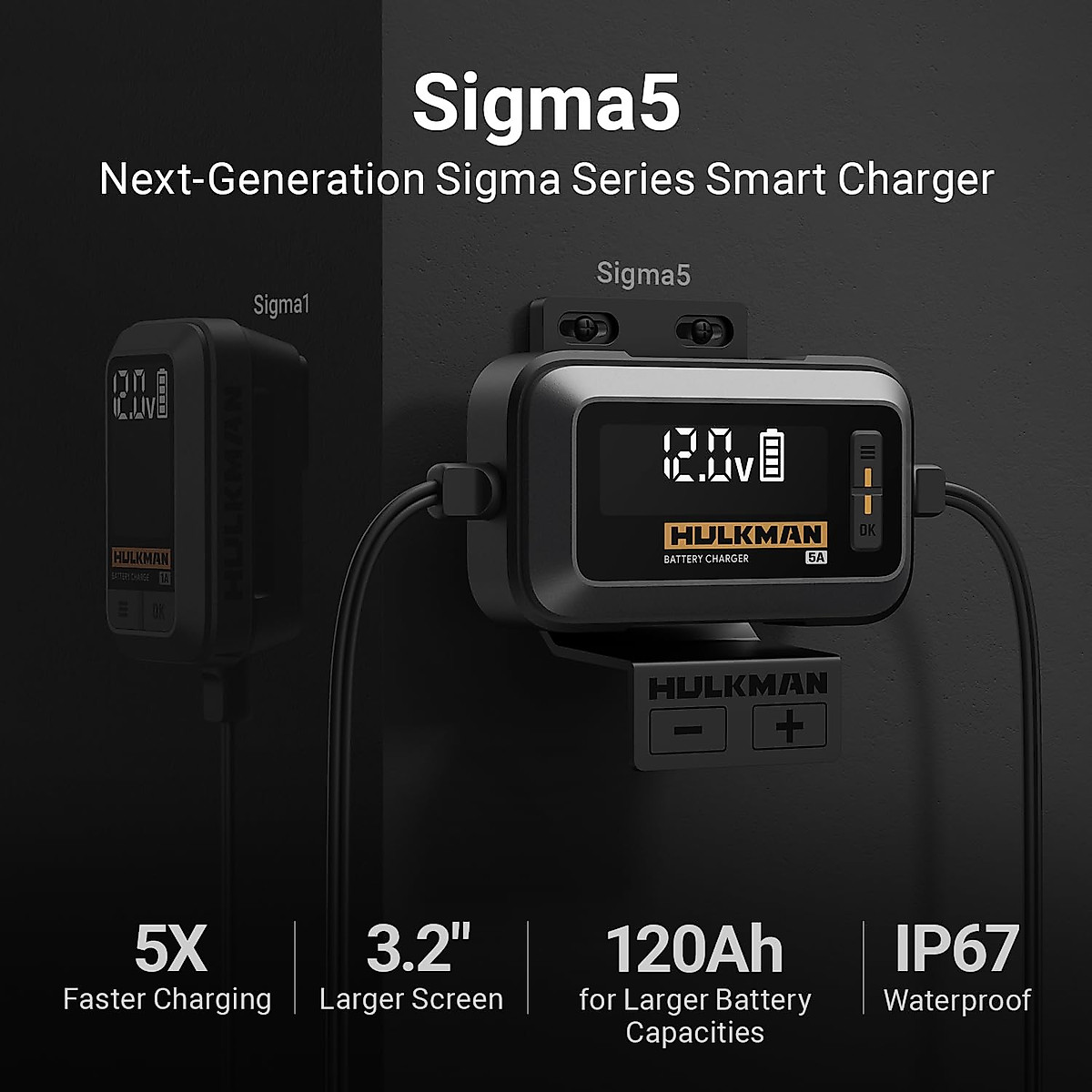 Hulkman Sigma 5 Float Battery Trickle Charger, 5A 6V/12V Smart Car Battery Charger with LED Screen, Automatic Maintainer and Desulfator for Car, Motorcycle, ATV, Lithium, and Deep Cycle Batteries