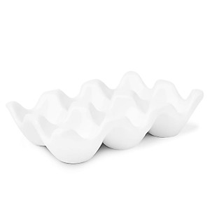 Flexzion Ceramic 6 Cups Egg Tray - Half Dozen Porcelain Egg Holder Container Keeper Storage Organizer Decorative Serving Dish Serveware for Refrigerator Fridge Countertop Display Kitchen (White)