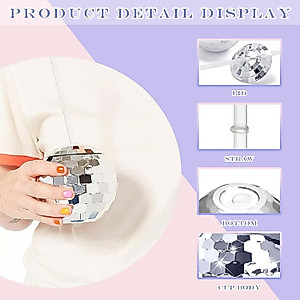 ANTQUE 9 PCS Disco Ball Cup with Straws, Tumbler Reusable Disco Flash Ball Cups for Party, Cocktail Ball Cups Spherical with Lid and Straw Wine Cups for Nightclub Bar Party Decor(Silver)