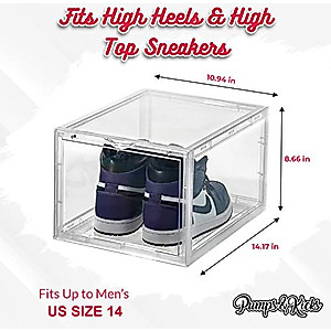 PUMPS&KICKS Shoe Storage Organizer Boxes | 3 Pack | Clear Plastic | Stackable for Closet | Drop Front Opening | Extra Large for High Top sneakers, Mens size 14 and Womens High Heels (Clear)