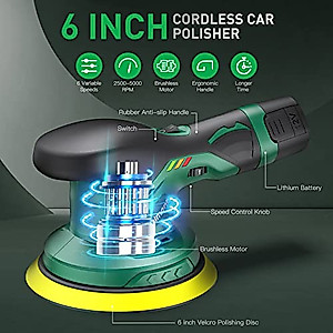 Cordless Polisher for Car Detailing with 2pcs 12V 2.0Ah Batteries & Charger, Aiment 6 Inch Cordless Car Buffer Polisher, 6 Variable Speeds, Portable Sander for Car Waxing/Buffing/Scratch Repairing
