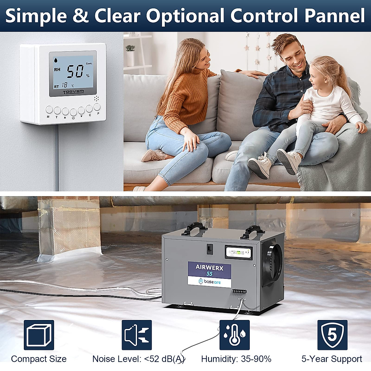 BaseAire 113 Pint Commercial Dehumidifier with Drain Hose for Crawl Spaces, Basements, Whole House, Compact, Portable, Auto Defrost, Memory Starting, 5 Years Warranty, Commercial Industrial Home Use