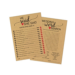 He Said She Said and Wedding Word Search Bridal Shower Games (50 pack – 2 Games in 1 Sheet) – Bride or Groom Said It - Engagement Bachelorette Fun Party Games – Guessing Activity - Kraft Rustic