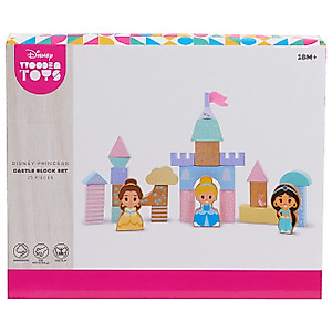 Disney Wooden Toys Princess Castle Block Set, 25-Pieces Include Cinderella, Belle, and Jasmine Block Figures, Officially Licensed Kids Toys for Ages 18 Month by Just Play