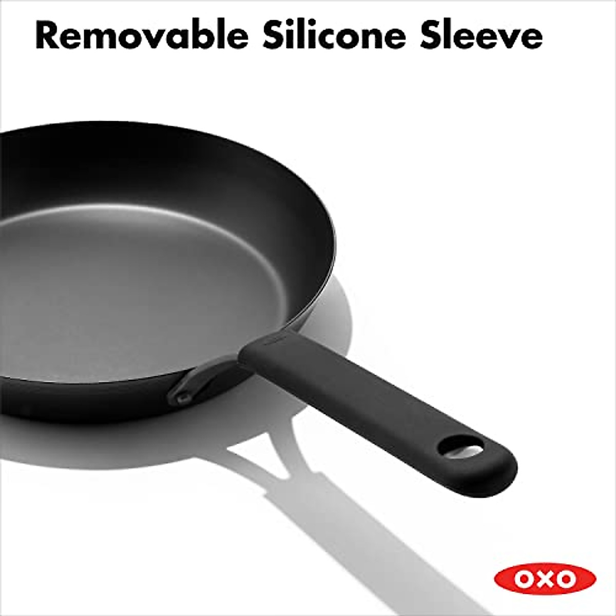 OXO Obsidian Pre-Seasoned Carbon Steel, 12" Frying Pan Skillet with Removable Silicone Handle Holder, Induction, Oven Safe, Black