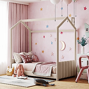 Bellemave House Beds Twin Size Velvet Montessori Bed for Kids Upholstered Floor Frame with Headboard & Footboard Girls Boys Teens, Beige