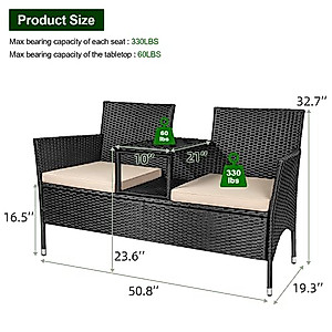 Tuoze Outdoor Patio Loveseats, Wicker Conversation Furniture Sets with Coffee Table for Garden Lawn Polish Backyard and Bistro (Beige)