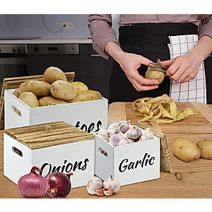 Potato and Onion Storage Bin Set of 3, Farmhouse Kitchen Storage Container Set for Potato Onion Garlic, Wood Potato Storage with Lid, Onion Storage Garlic Keeper, Potato Box, Onion and Potato Storage