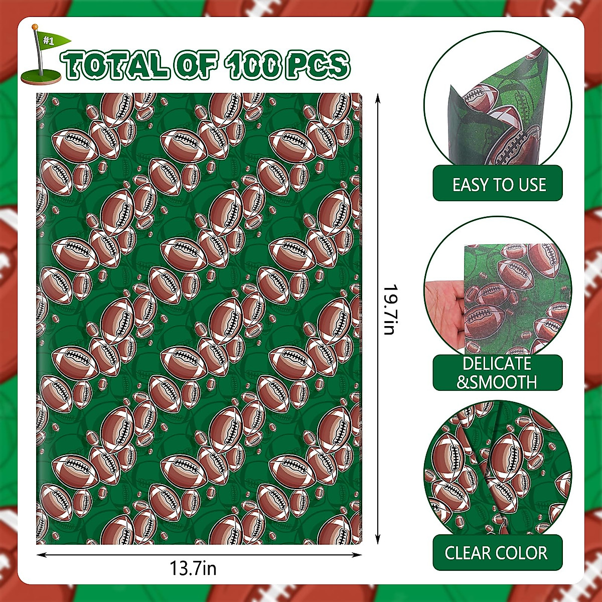 100 Sheets Football Pattern Tissue Paper, 20x14in Green Brown Football Art Tissue Paper for Sports Themed Party Gift Wrapping Thanksgiving Day Party Decor Gift Bag Fillers