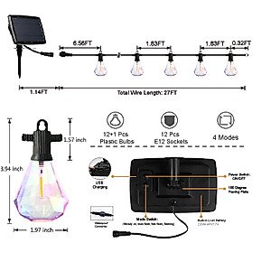 ZOTOYI 27FT Solar String Lights Outdoor Waterproof, Solar Powered Patio Lights with 12+1 Diamond Shaped Bulbs, Shatterproof LED String Lights for Home Yard Pergola Wedding Garden Party, 2200K