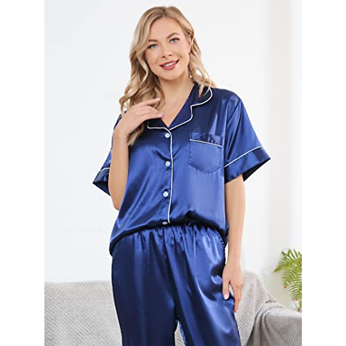AUECK Women Silk Satin Pajamas Set Notch Collar Soft Sleepwear Pjs Short Sleeve Button Down Nightwear with Long Pants(Navy Bule,Large)