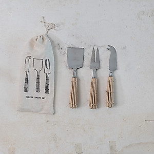 Creative Co-Op Stainless Steel Charcuterie Rattan Wrapped Handles, Set of 3 Styles Cheese Knives, Natural
