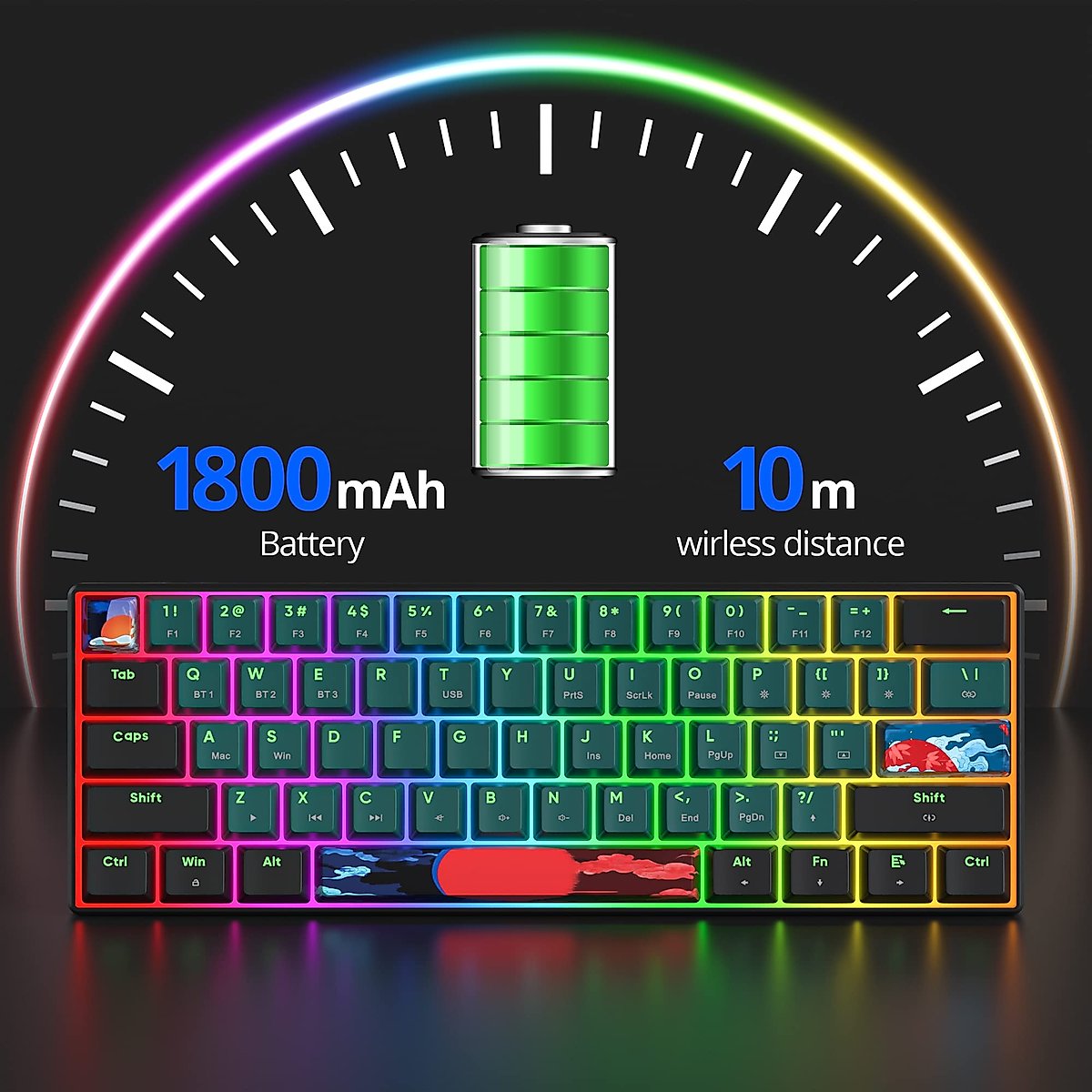 surmen GT61 Wireless 60% Keyboard, Mini RGB Mechanical Gaming Keyboard 60 Percent Hot-Swappable with Linear Gateron Switch Type-C/Bluetooth 5.0 Programmable (Gateron Yellow, Sound Wave 61)