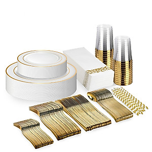 Neatiffy 225 Pcs Gold Rim Disposable Plastic Dinnerware Set (25 Guest) | 25 x (Dinner Plate, Dessert Plate, Gold Plastic Silverware, Cup, Napkin, Straw) | For Wedding, Luxurious Party, Special Event