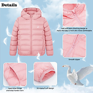 Bouclede Toddler Baby Girls Goose Down Jackets Kids Pink Puffer Jacket 750 Fill Light-Weight Water-Resistant Hooded Winter Down Coat