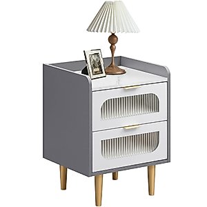 SICOTAS Night Stand with 2 Drawers, Modern Wood Nightstand Fluted Tempered Glass Marble Bed Side Table with Storage Large End Tables with Gold Legs for Bedroom Living Room, White and Grey