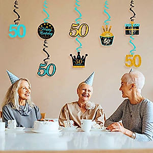 Furuix 50th Birthday Decorations for Women Teal Gold 50th Birthday Hanging Swirls Hanging Swirls Decorations for Teal Gold 50 Years Old Party Supplies