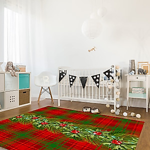 Savannan Area Rugs, Christmas Poinsettia Pine Branches Plant Red Green Plaid Tartan Rectangle Floor Rugs Indoor Non-Slip Accent Rug for Living Room Bedroom Office Kids Room Nursery, 2'x3'
