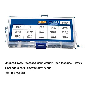 KIRANDY 450pcs Countersunk Flat Head Cross Mini Screw Set M2 M2.5 M3 Carbon Steel Computer Notebook Laptop Screws Kit