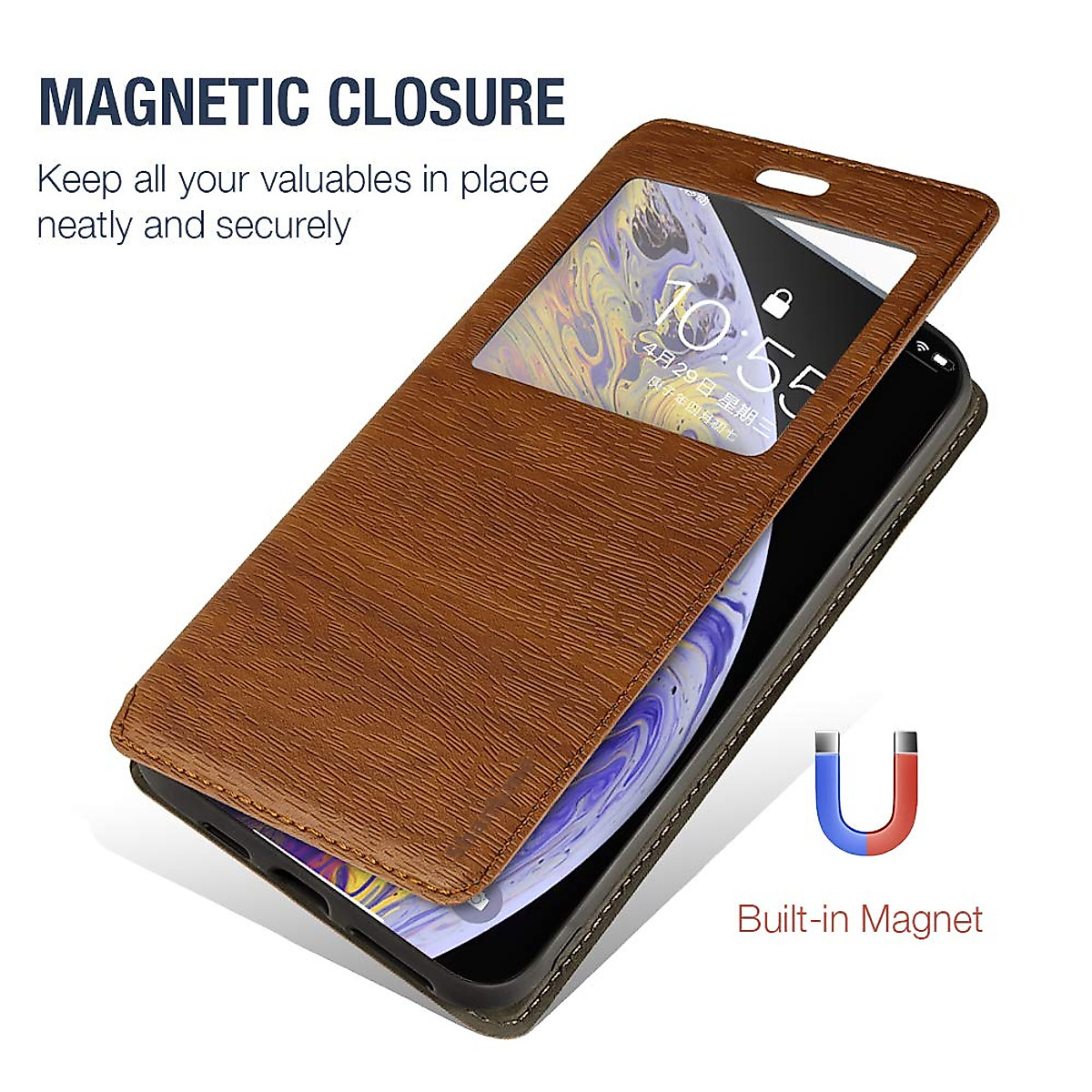 for Gigaset GS5 Case, Wood Grain Leather Case with Card Holder and Window, Magnetic Flip Cover for Gigaset GS5 Lite (6.3”)