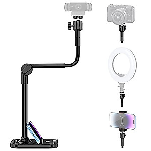 Webcam Stand with Phone Holder, 2 in 1 Adjustable Flexible Gooseneck Camera Mount Desktop Stand with Cell Phone Clamp for Logitech C922 C930e C920S C920 C615, Brio 4K, Gopro Hero and Other Devices