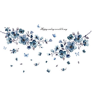 Removable Blue Peach Flowers Wall Decals 3D Cherry Blossom Floral Tree Branches Butterfly Wall Stickers DIY Flowers Butterfly Plants Wall Decor for Kids Bedroom Living Room Nursery Playroom DT-4956