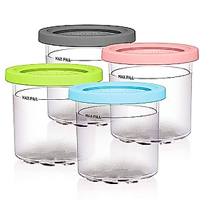 4 Pack Ice Cream Containers Replacement for Ninja Creami Ice Cream Makers NC300, NC301 & NC299AMZ Series, Reusable, BPA-Free & Dishwasher Safe, Airtight, Gray/Blue/Pink/Green Lids