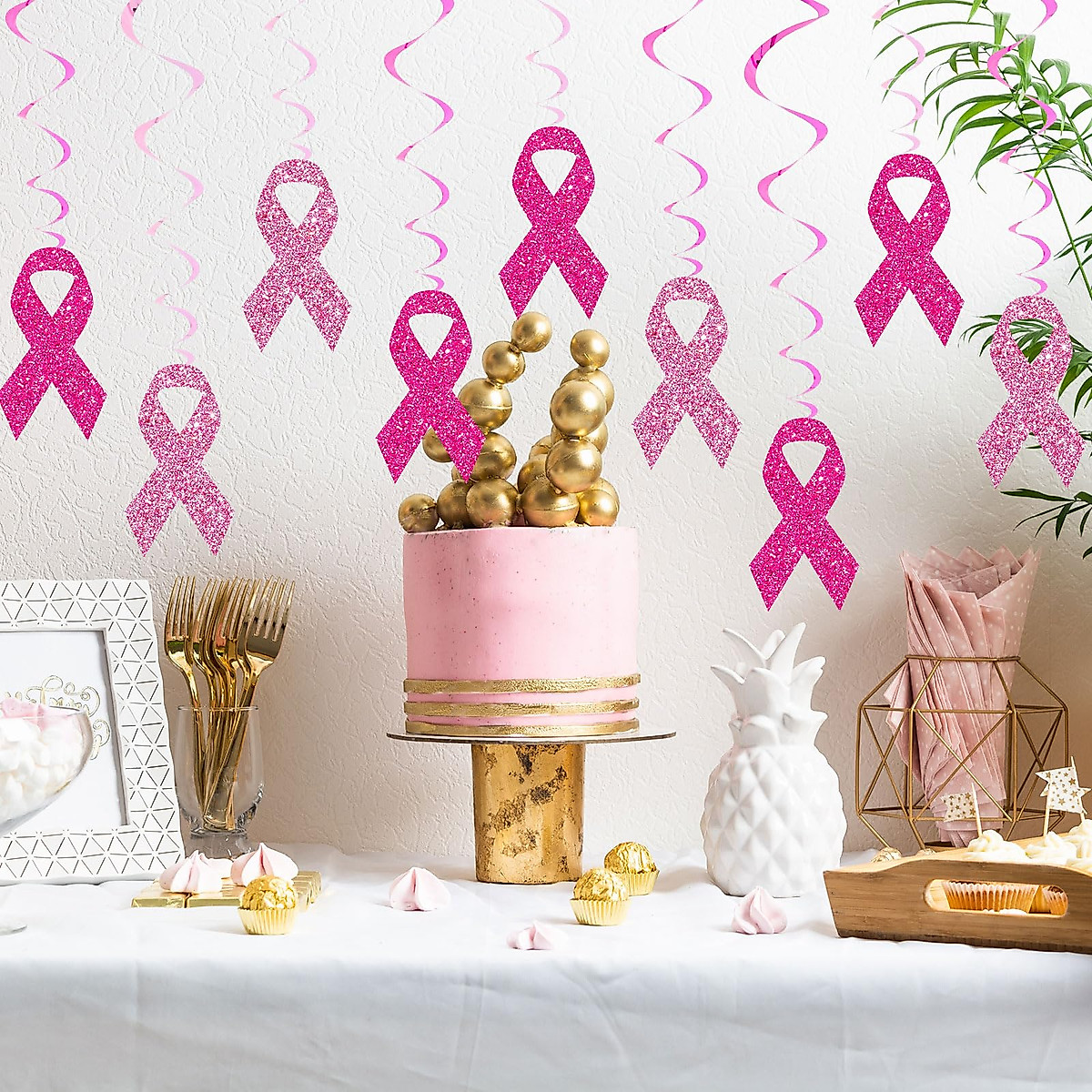 Whaline Breast Cancer Awareness Hanging Swirls Glitter Pink Ribbon Ceiling Spiral Streamers Hanging Ornaments for Home Party Wall Decoration Supplies, 18Pcs