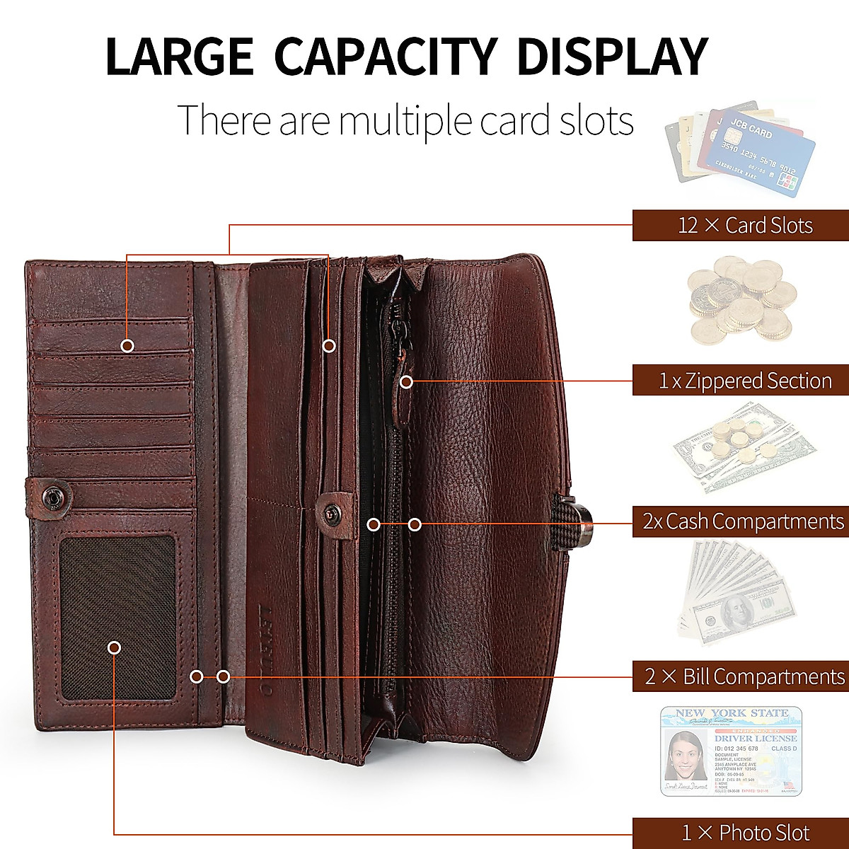 ORIREAL Women's Wallet Genuine Leather Wallet for Ladies Large Capacity Hand-Crafted Wallet Card Holder Purse (Coffee)