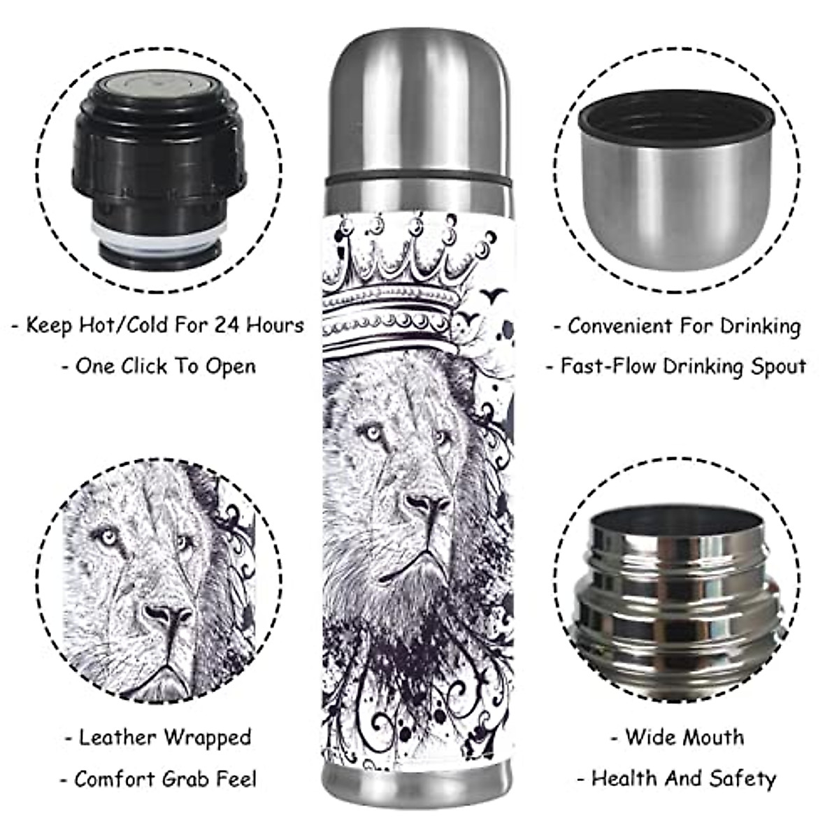 Lion King Stainless Steel Water Bottle, Leak-Proof Travel Thermos Mug, Double Walled Vacuum Insulated Flask 17 OZ