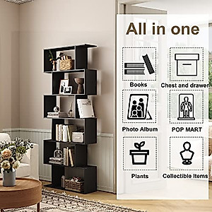 HOMEFORT Wooden Geometric Bookshelf,6-Tier S-Shaped Bookcase,6 Shelf Morden Bookshelves,Unique Freestanding Tall Book Shelf and Book Case for Bedroom and Living Room Home Office,Black