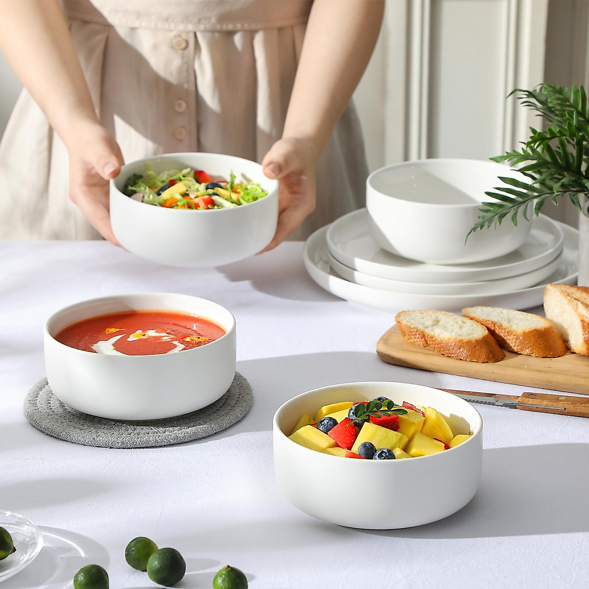 MALACASA 24 OZ Cereal Bowls, Porcelain Soup Oatmeal Bowls Kitchen Ceramic Bowls Set of 4 Dishwasher Microwave Oven Safe, White, Series LUNA