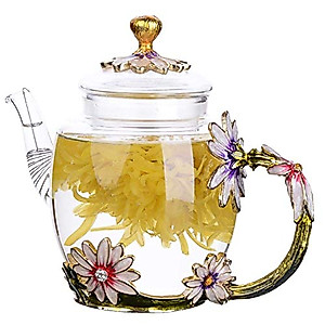 XUDREZ Teabloom Teapot Glass Blooming Tea Teapot for Women Blue Rose Floral Glass Teabloom Teapot with Gold for Mom Friend Christmas Birthday Anniversary, 2.44*4.72in (10.15oz/300ml Deep coffee color)