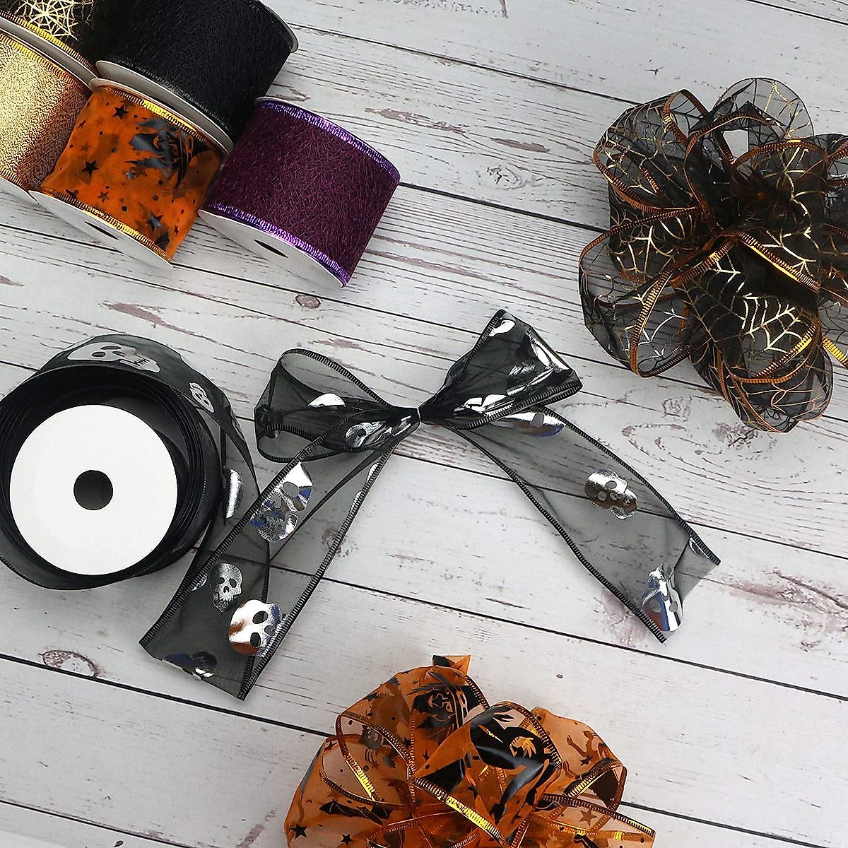 MEEDEE Halloween Ribbon - 6 Rolls, 36 Yards, Wired, Purple, Orange, Black, Skull Pattern