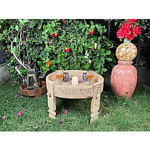 Wooden Indian Natural Carved Chakki Table/Coffee Table/Round Rajasthani Desrt Dinner Table/Side Table/Lamp Holder Table/Candle Holder Table