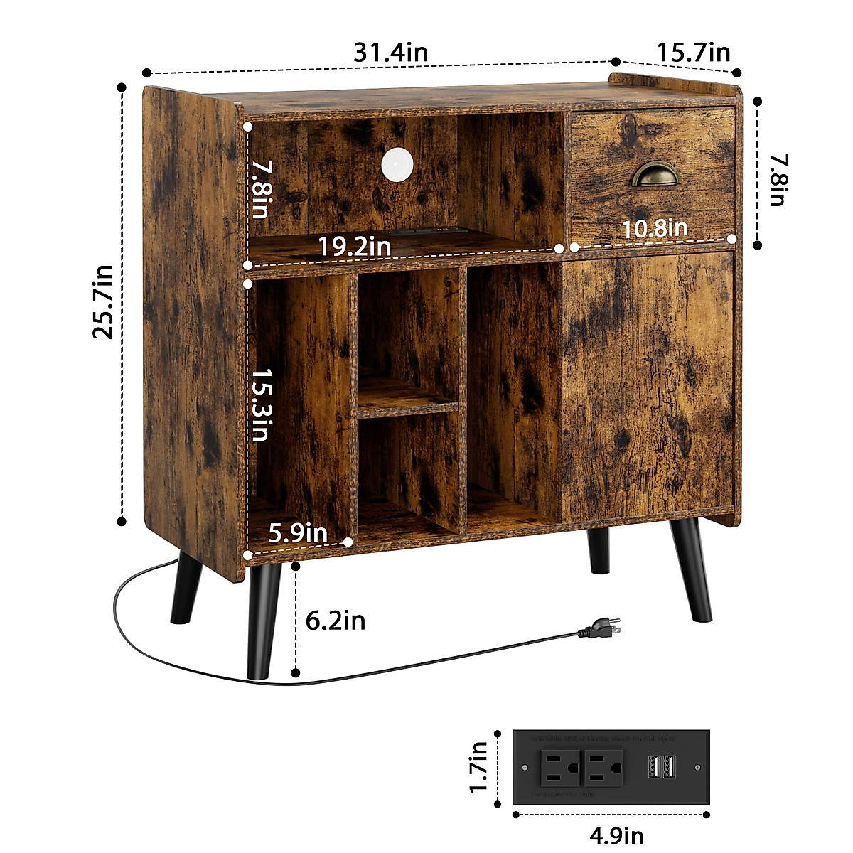 miadore Record Player Stand, Vinyl Records Storage Cabinet Display Shelf with Power Outlet, Turntable Stand Mid-Century Record Player Table with Wood Legs for Living Room,Bedroom,Office
