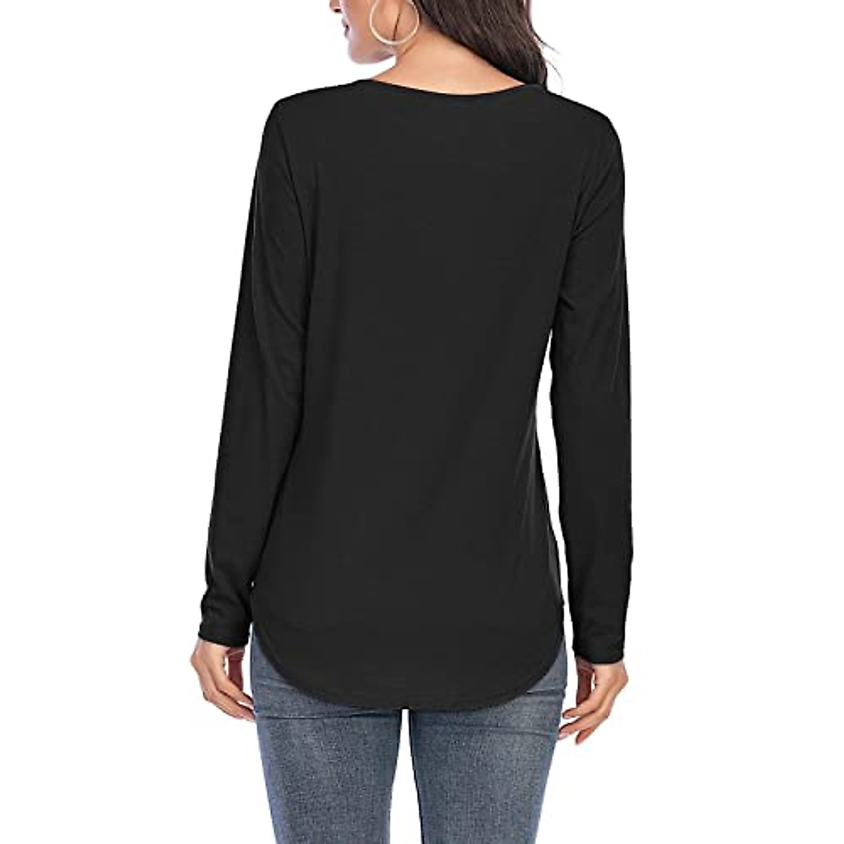 Davenil Women's Long Sleeve Shirts V-Neck Loose Tunic Tops Irregular Hem Casual T-Shirt Black Size XL