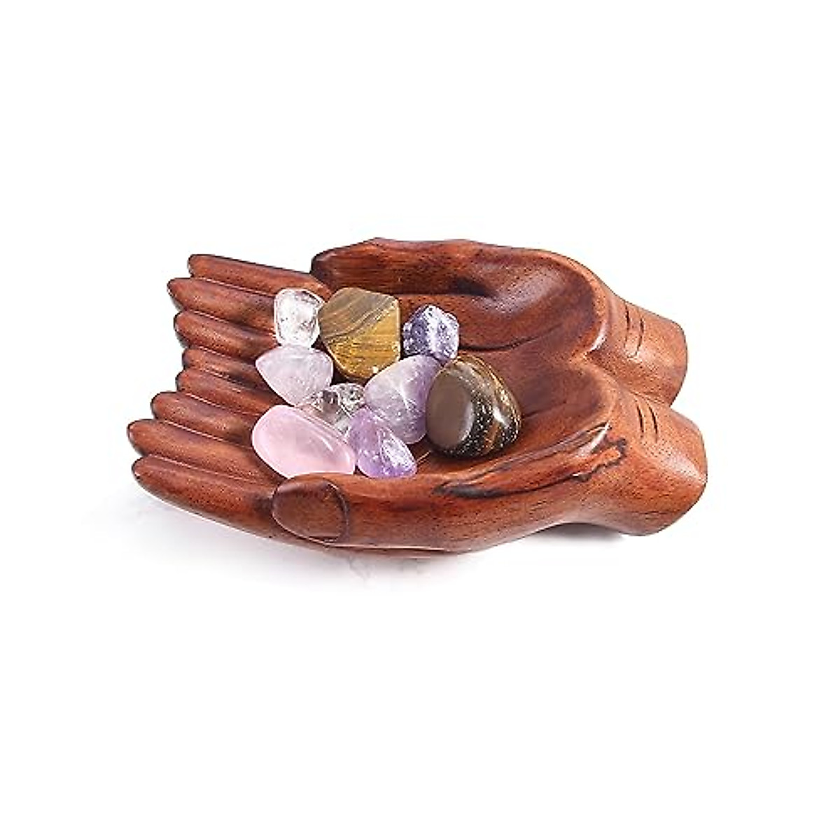 Eiyye Carved Hands Decorative Bowl, Crystal Holder for Stones, Crystal Shelf Offering Hands Sculpture, Key Bowl Wooden Decorative Tray For Entryway Table