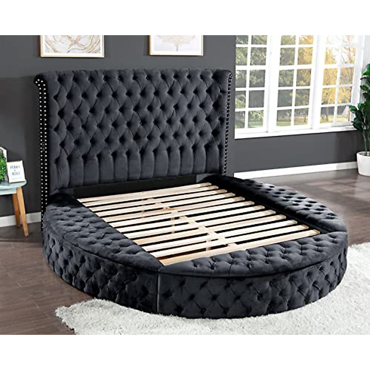 Upholstered Platform Bed with Bluetooth Speaker and Storage Box, Queen Size Platform Bed Frame with Tufted Headboard and Nail Head and Wood Slat Support Mattress Foundation, 500Lbs Capacity, Black