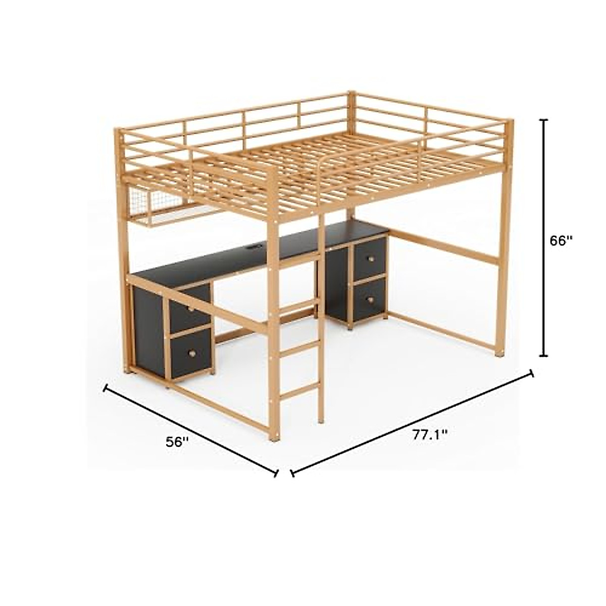 Full Size Modern Loft Bed with Desk, Cabinets, Drawers and Bedside Tray, Charging Station, USB Ports and Socket, Metal Bed Frame with Ladder and Guardrails for Kids Teens Adults (Gold+Black-01)